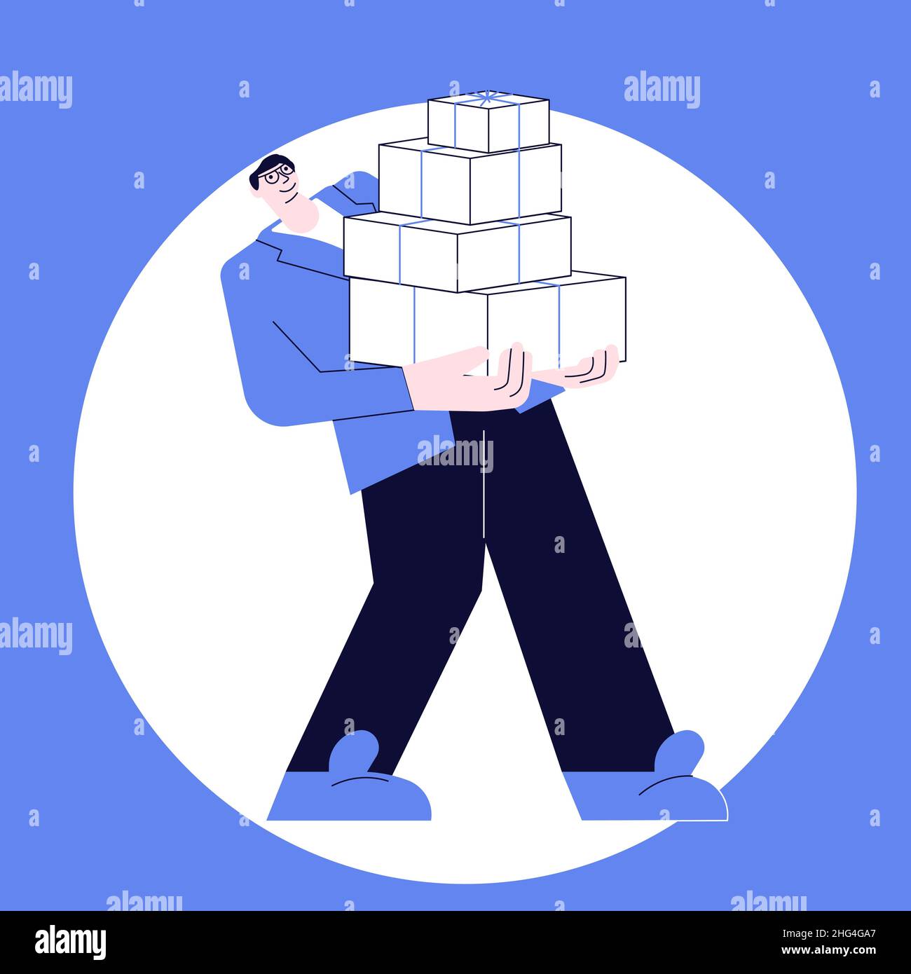 Young man carrying a huge stack of gifts. Giving presents for a holiday ...