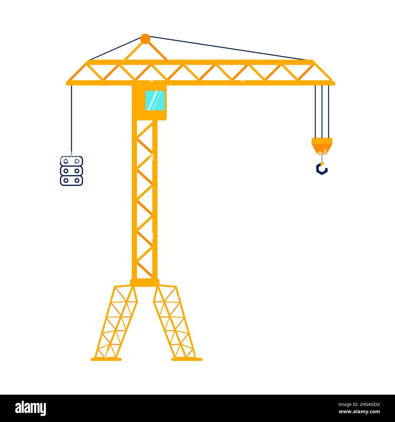 Construction orange crane side view isolated on white background. Flat ...