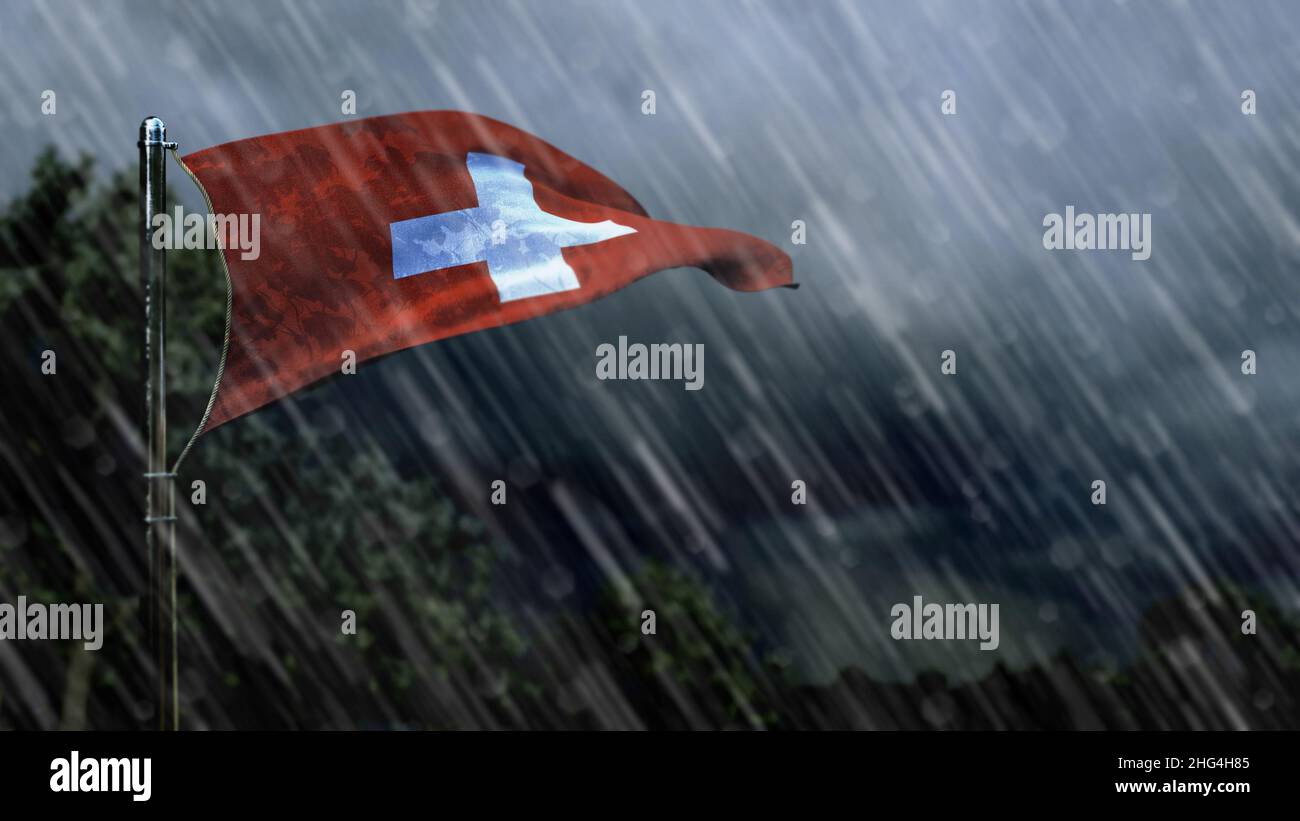 flag of Switzerland with rain and dark clouds, tempest forecast symbol ...