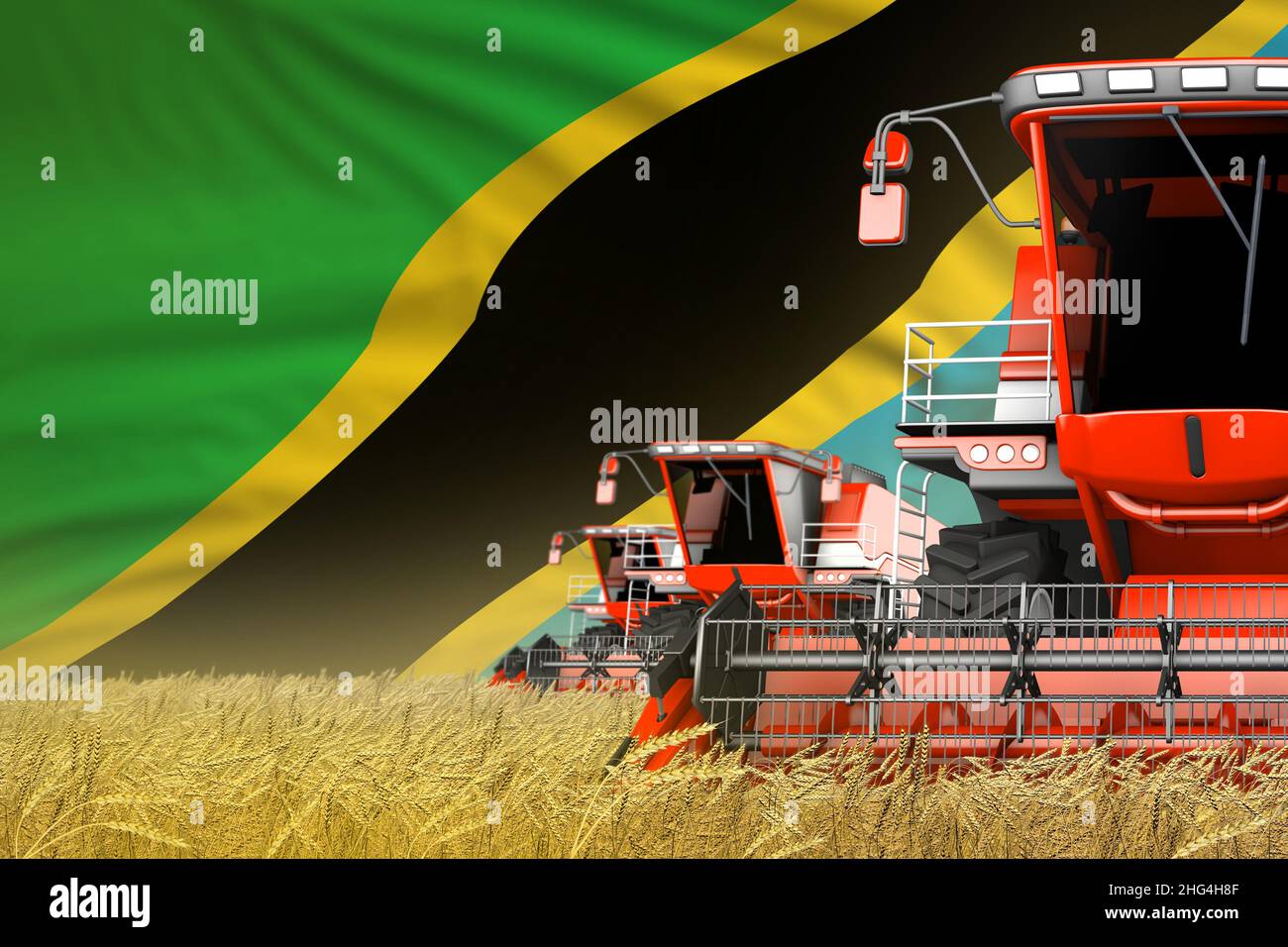 industrial 3D illustration of three red modern combine harvesters with ...