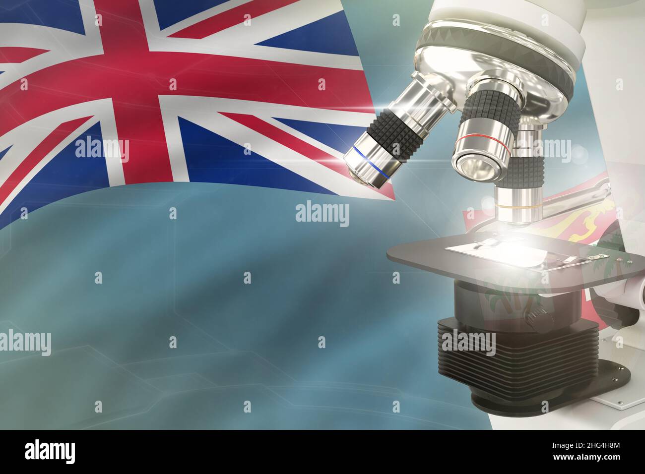 Fiji science development concept - microscope on flag background ...