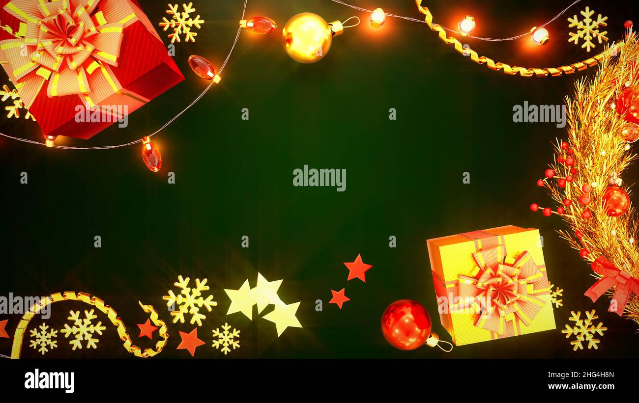 xmas holiday backdrop with decorations on green - abstract 3D ...