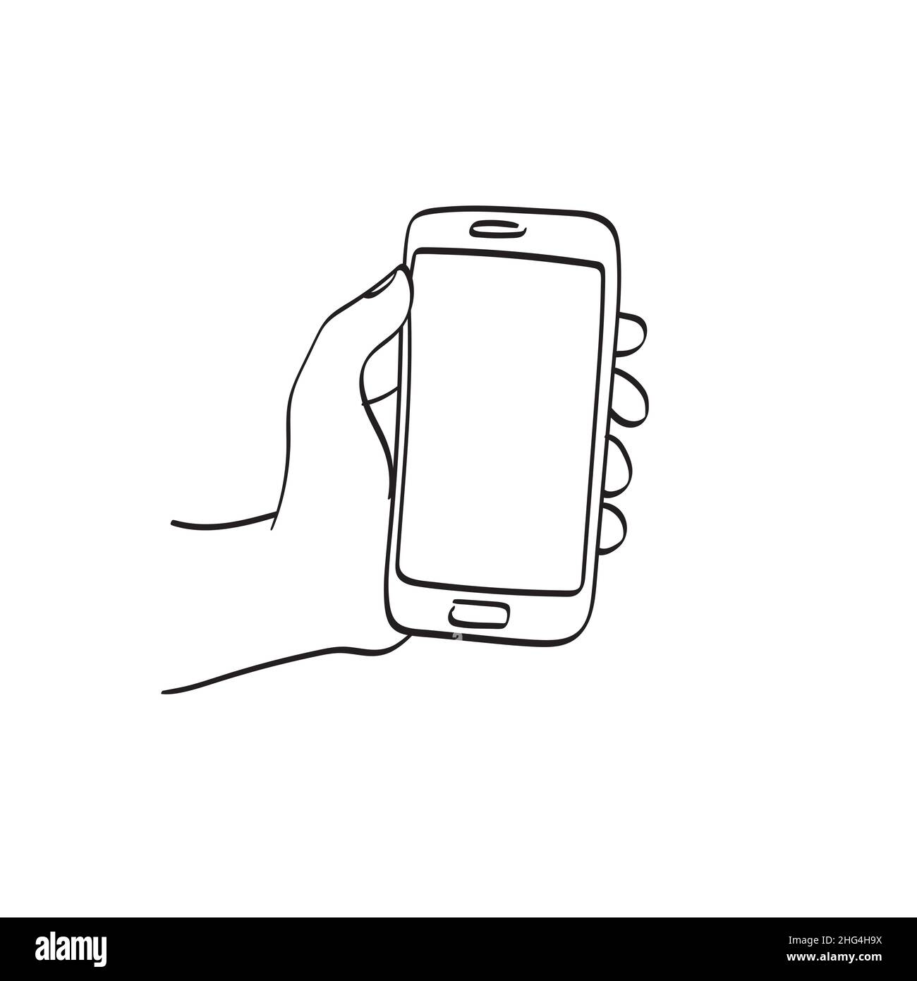line art closeup hand holding smartphone illustration vector hand drawn ...