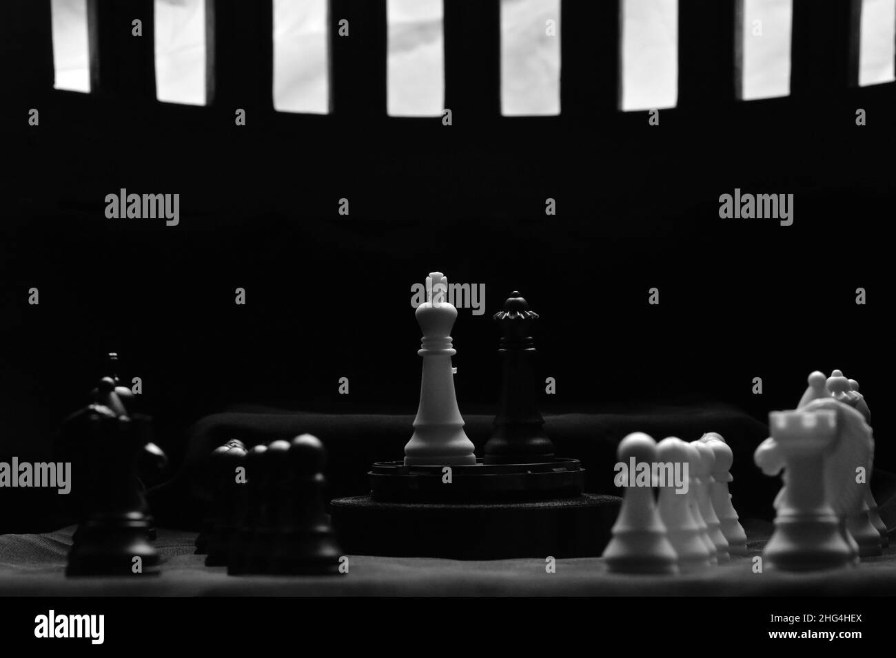 Chess pieces with king and queen in the center. Peace concepts ...