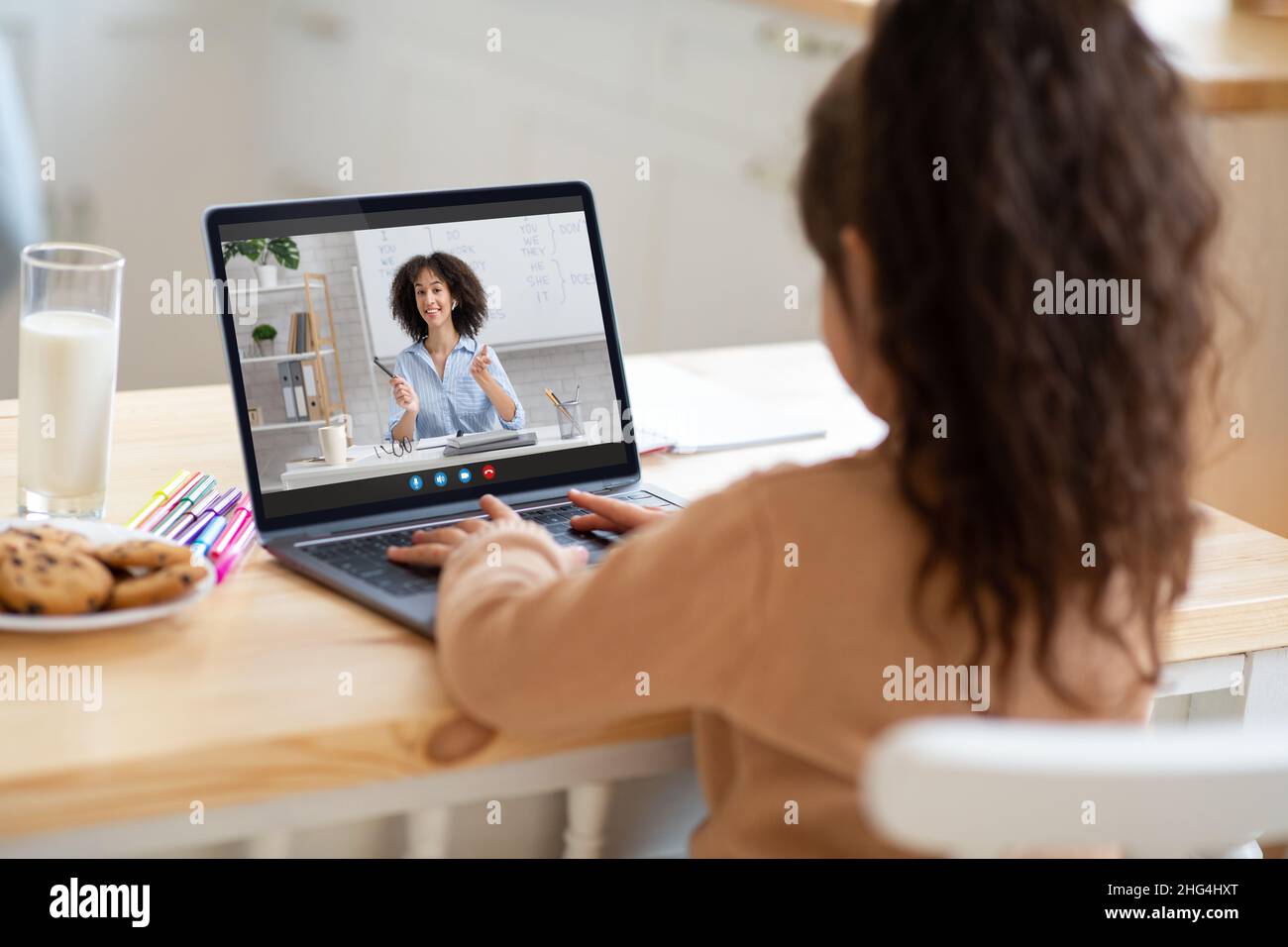 Little Girl Study Online With Laptop, Having Video Lesson With Teacher ...