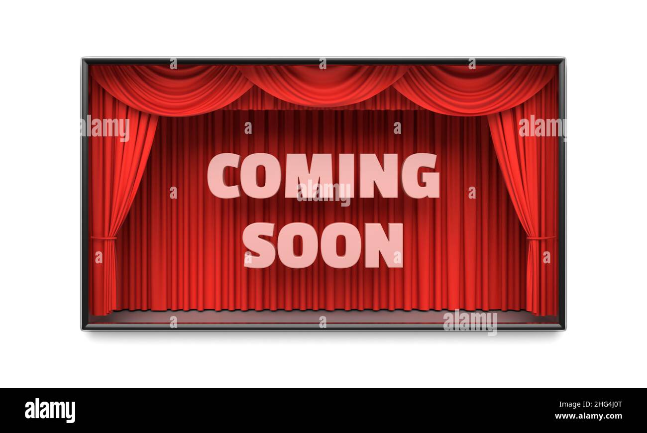 Coming Soon poster with red stage curtains 3D illustration Stock Photo ...