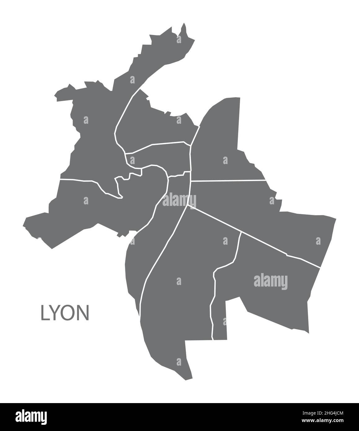Lyon city map with districts grey illustration silhouette shape Stock ...