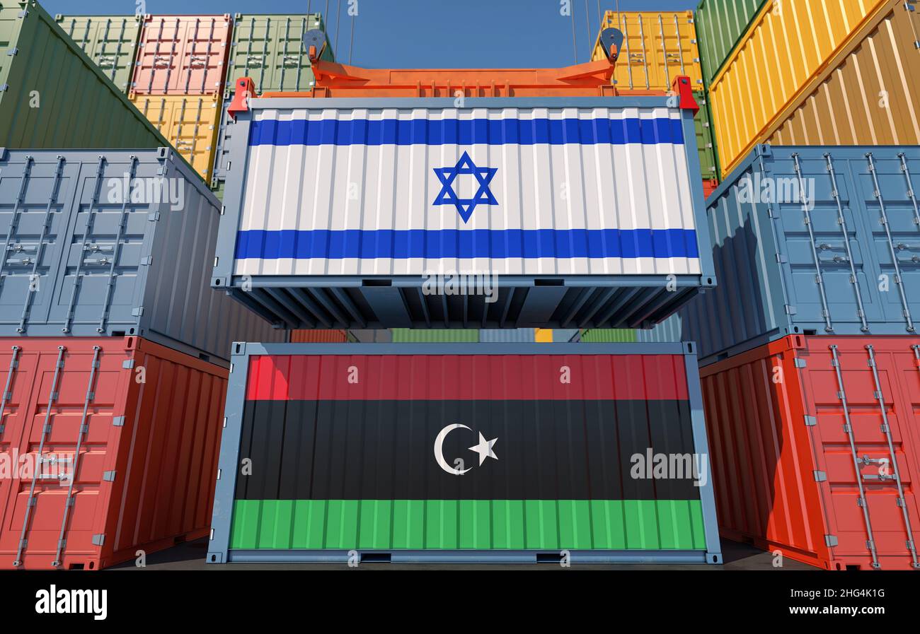 Freight containers with Israel and Libya national flags. 3D Rendering ...