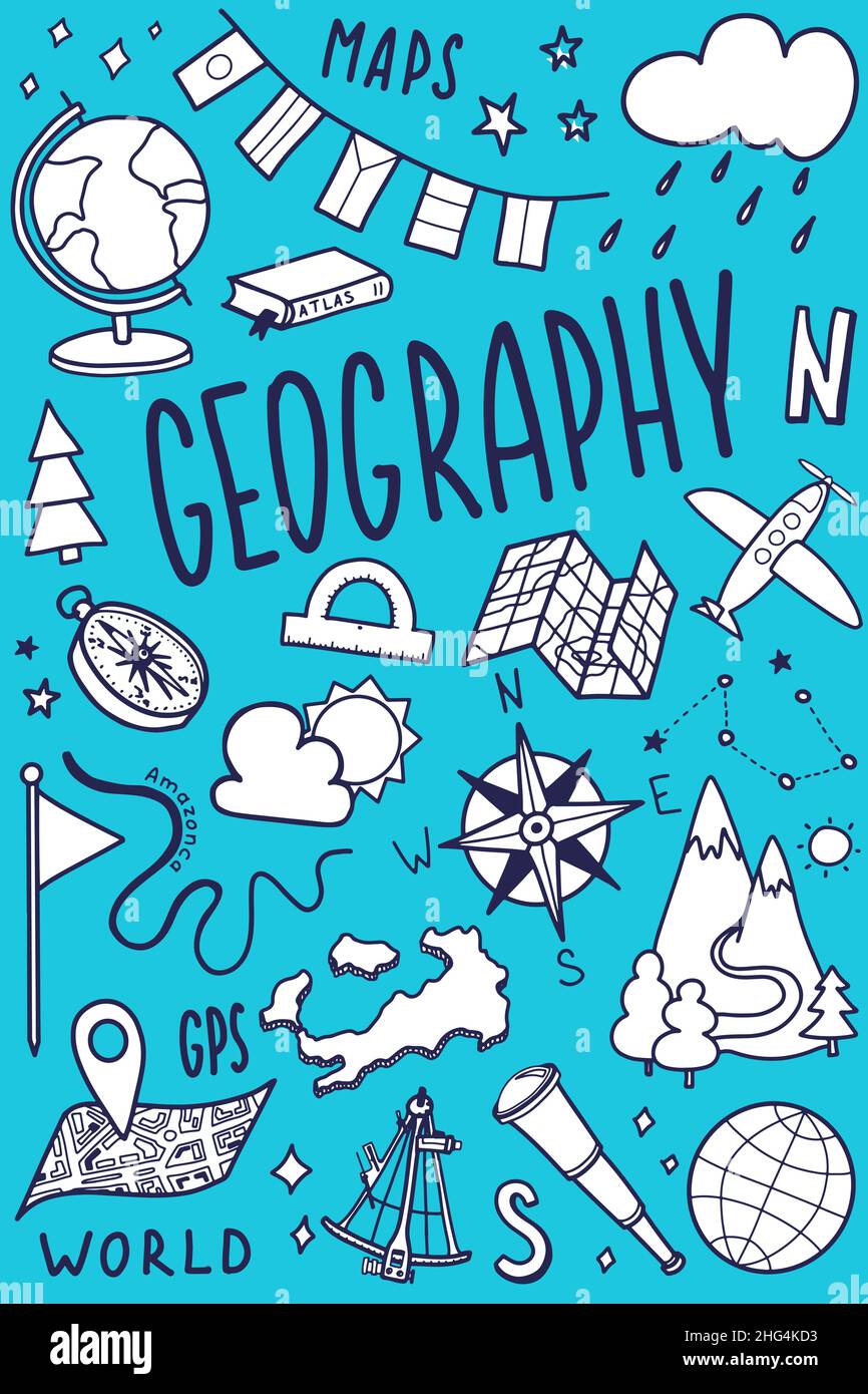 Geography symbols icons set. School subject design. Education outline ...