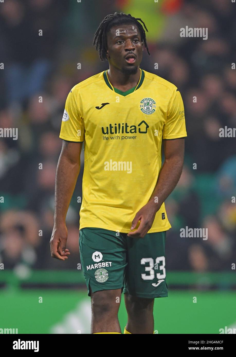 Glasgow, Scotland, 17th January 2022. Rocky Bushiri of Hibernian during ...