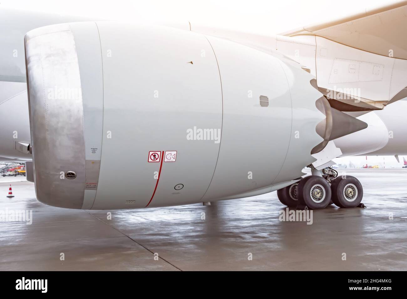 Huge passenger liner engine with landing gear, side view Stock Photo ...