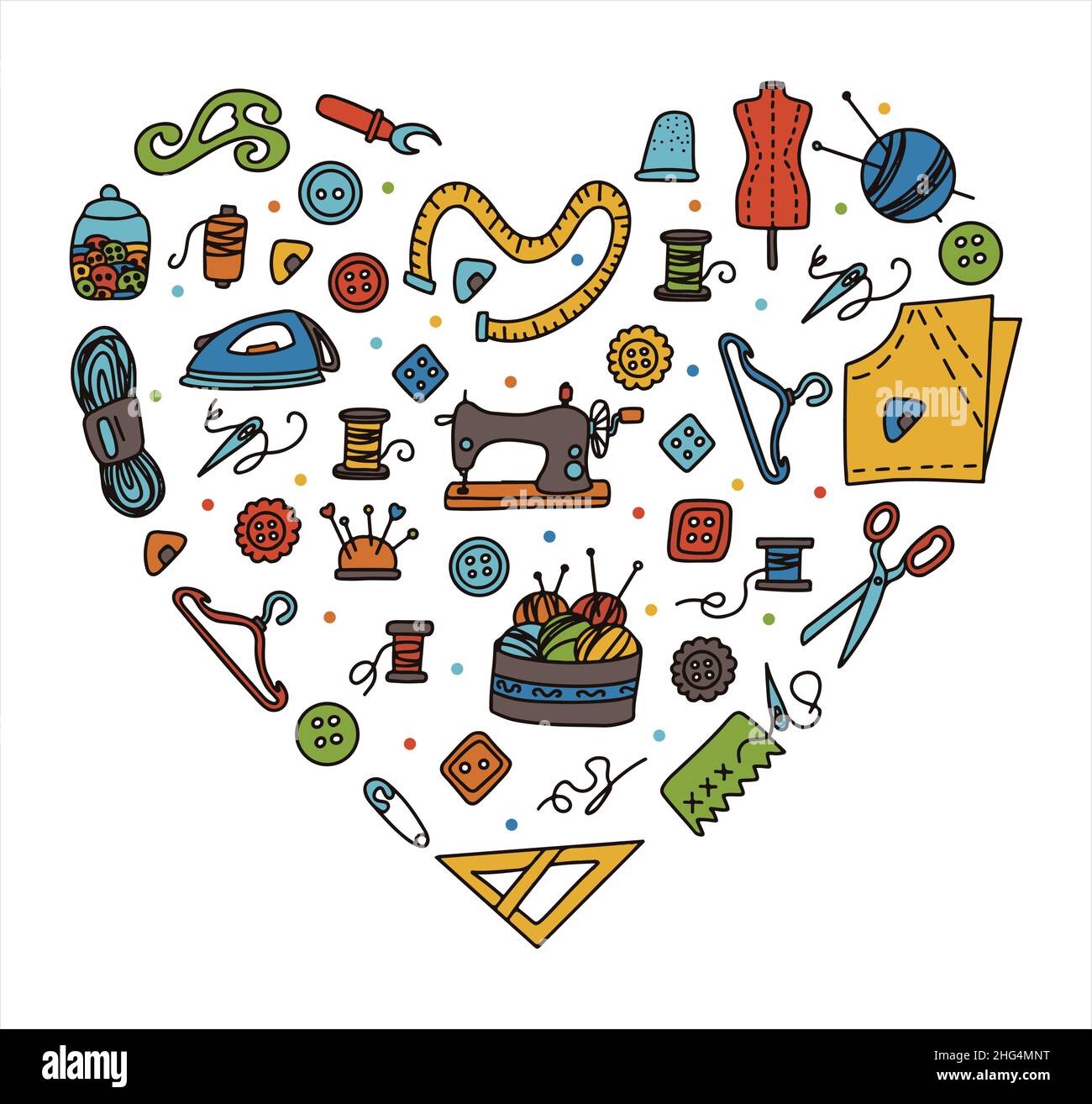 Vector doodle sewing set with heart and love. Vector tailoring tools ...