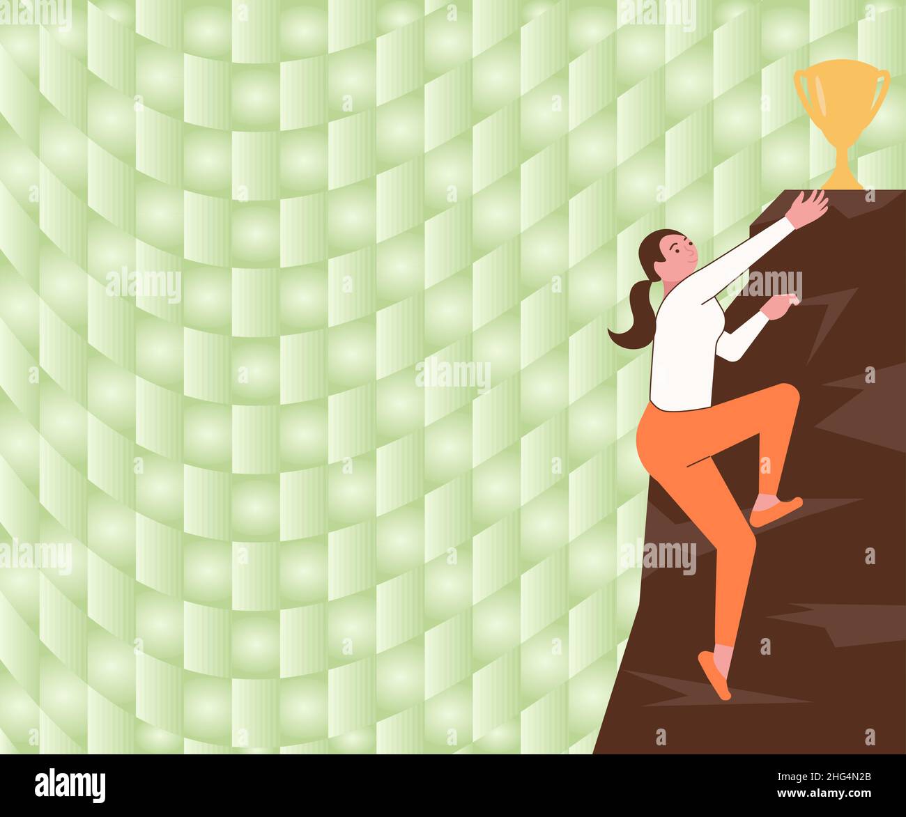 Woman Climbing Mountain Reaching Trophy Representing Success Stock ...