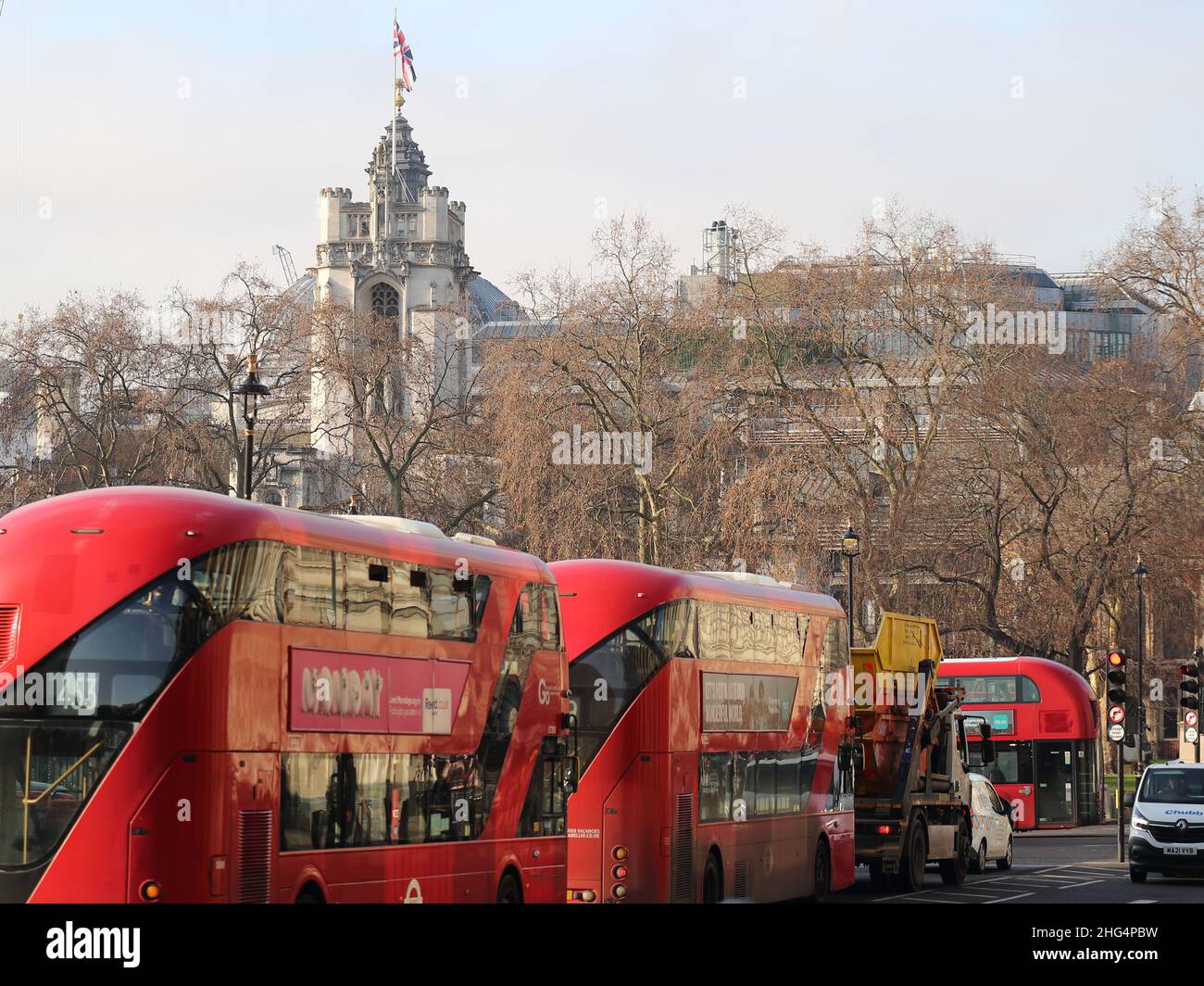 London double decker buses on Bridge Street, Westminster, London, UK ...