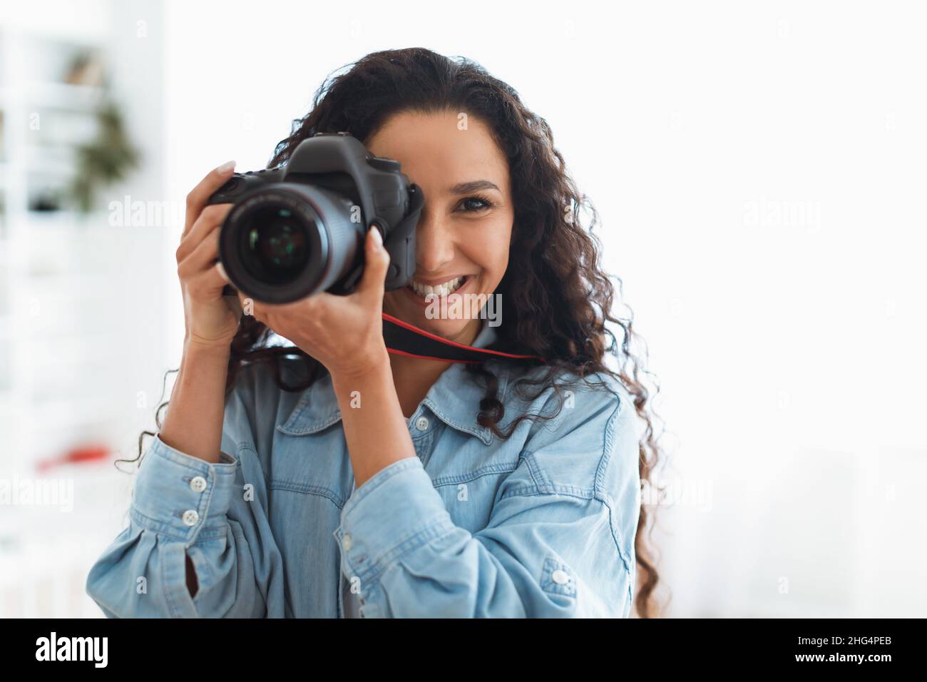 Happy Photographer Lady Taking Photo Holding Camera Near Face Indoors ...