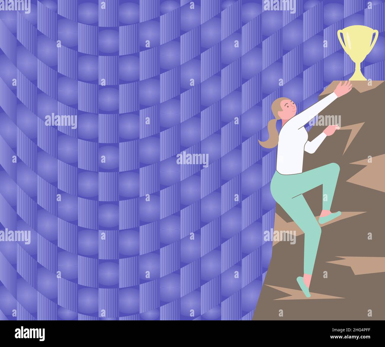 Woman Climbing Mountain Reaching Trophy Representing Success Stock ...