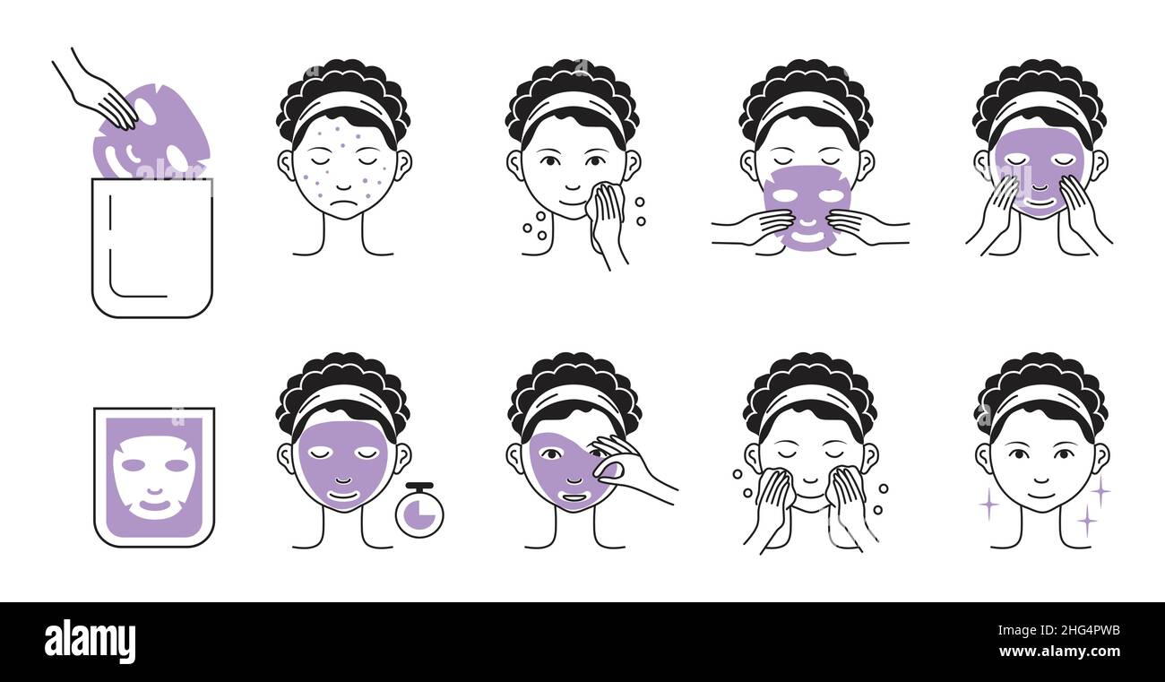 Facial mask sheet applying steps vector. Girl shows steps descriptions ...