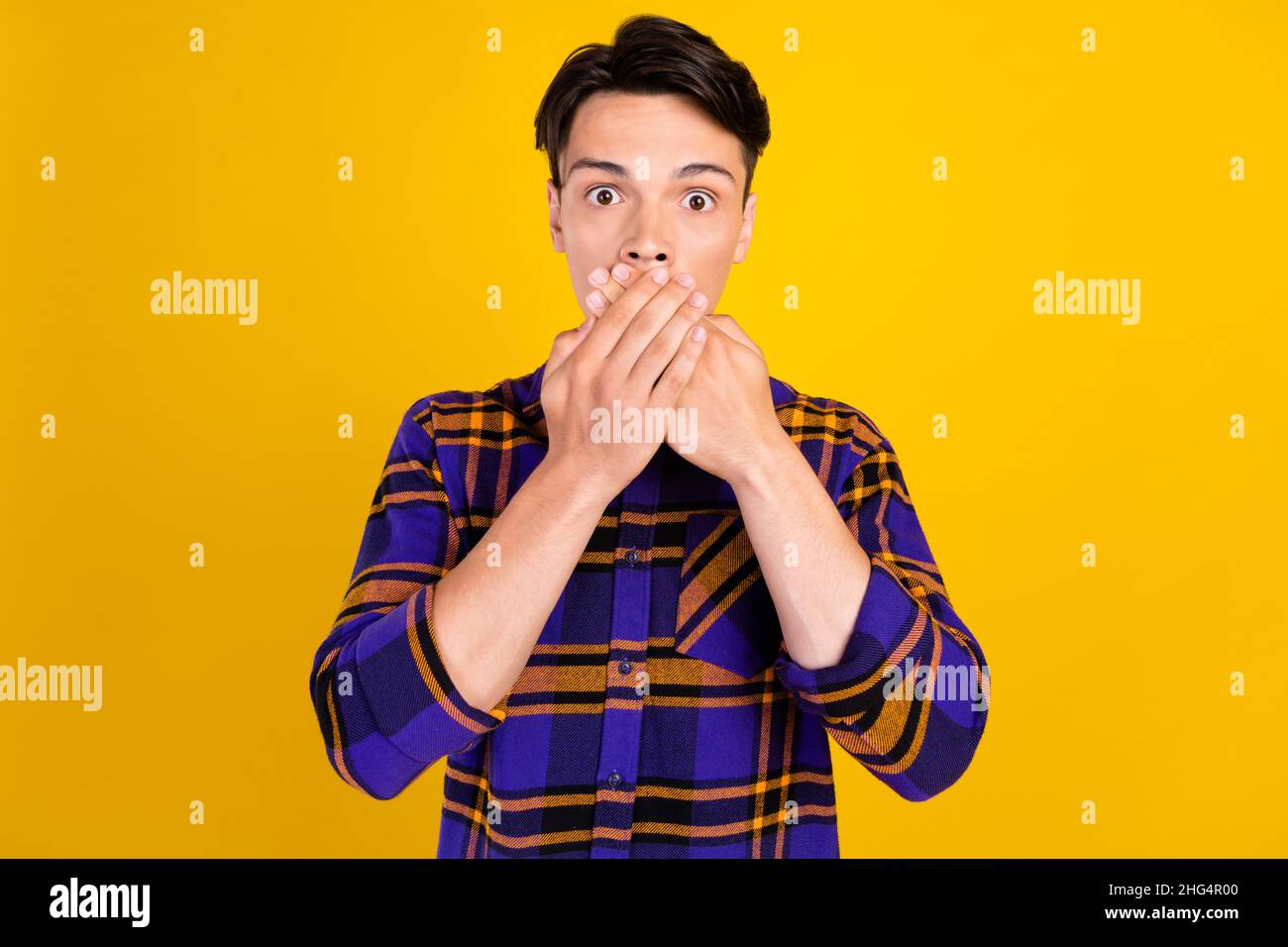 Photo of sad brunet millennial guy close mouth wear plaid shirt ...