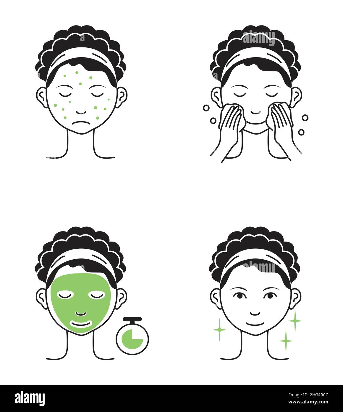 Facial mask sheet applying steps vector. Girl shows steps descriptions ...