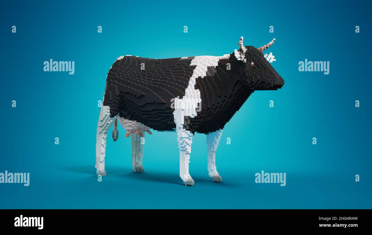 Toy lego blocks. Cow figure assembled from toy bricks on a blue studio ...