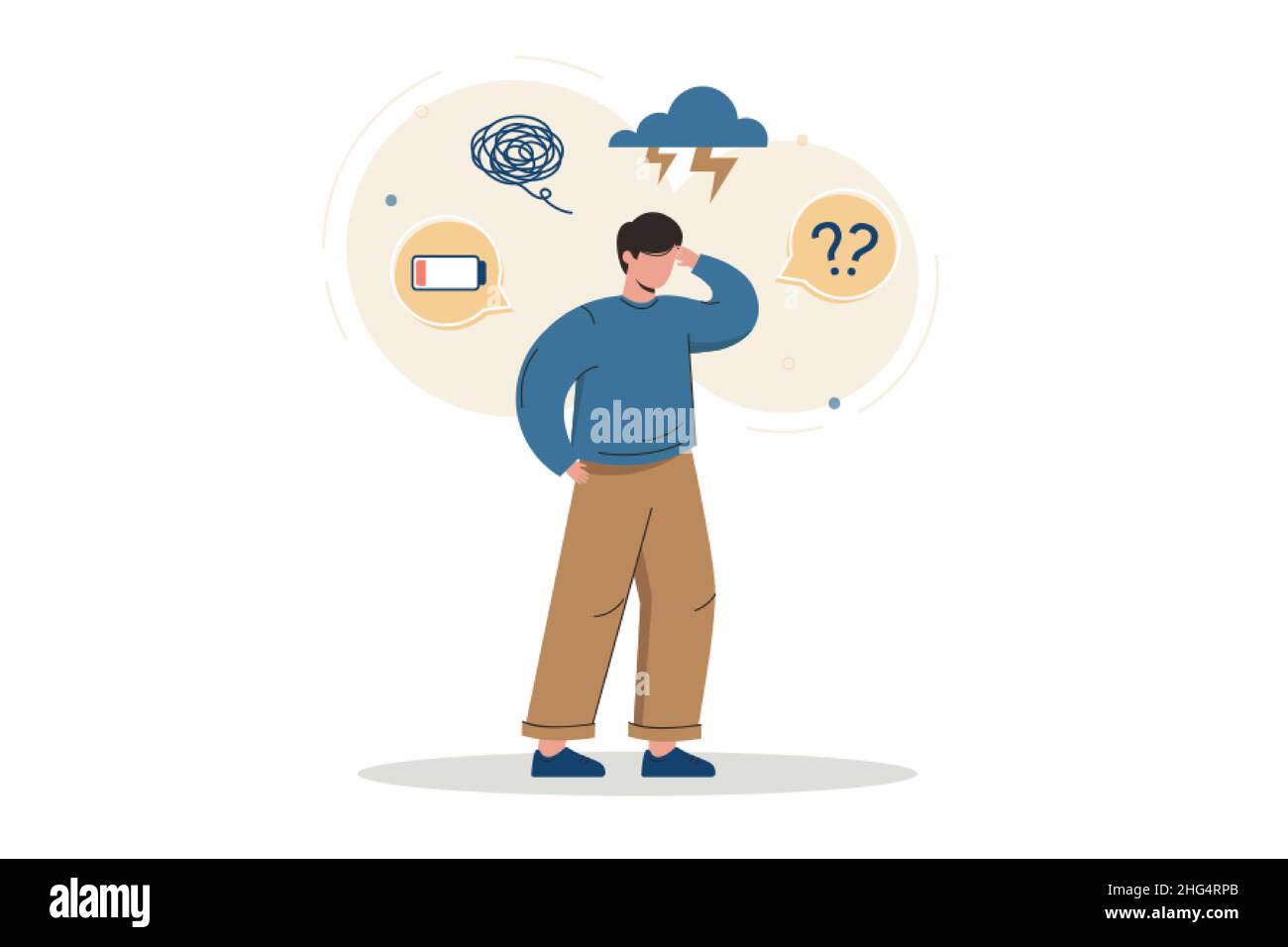 Flat young man with symptoms of depression disorder overhead. Tired ...