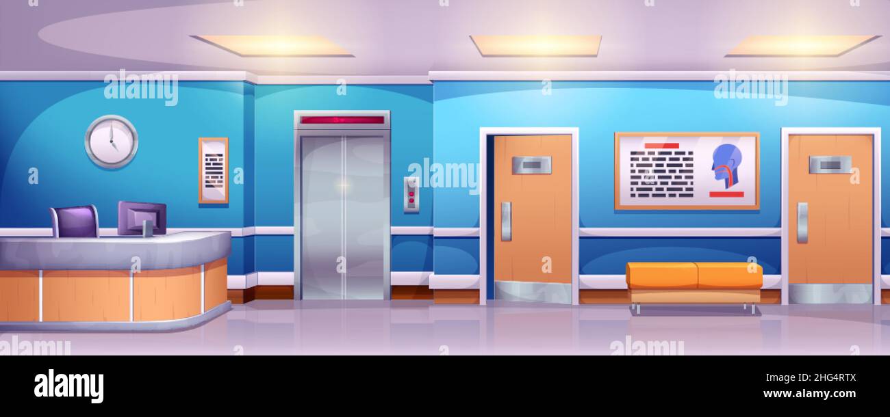 Cartoon empty medical clinic hall with reception desk and elevator ...