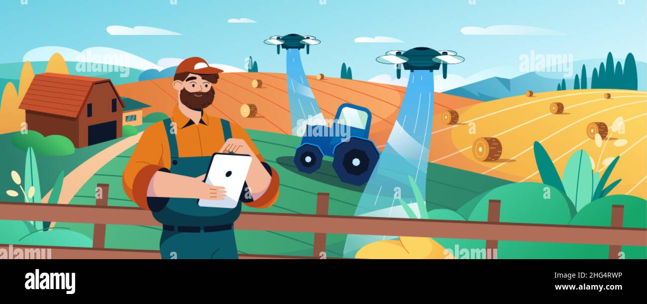 Cartoon Farmer With Digital Tablet Using Robot Drone To Automate Irrigation And Spray Liquid