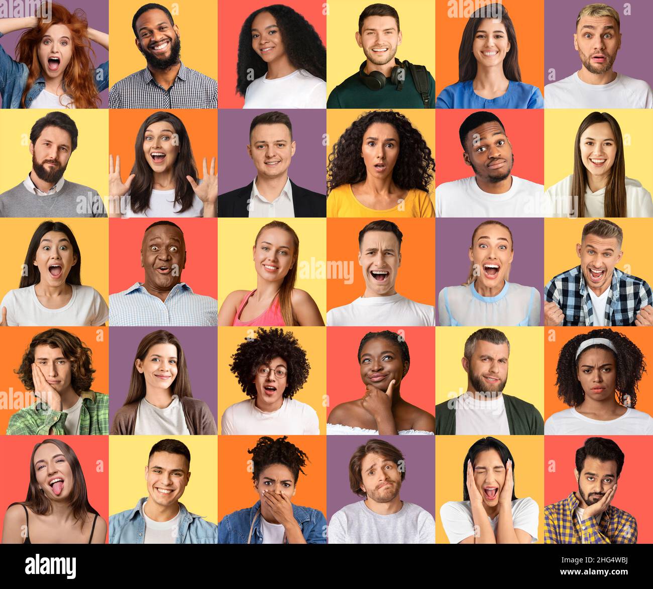 Many people portraits in collage over bright color studio backgrounds ...