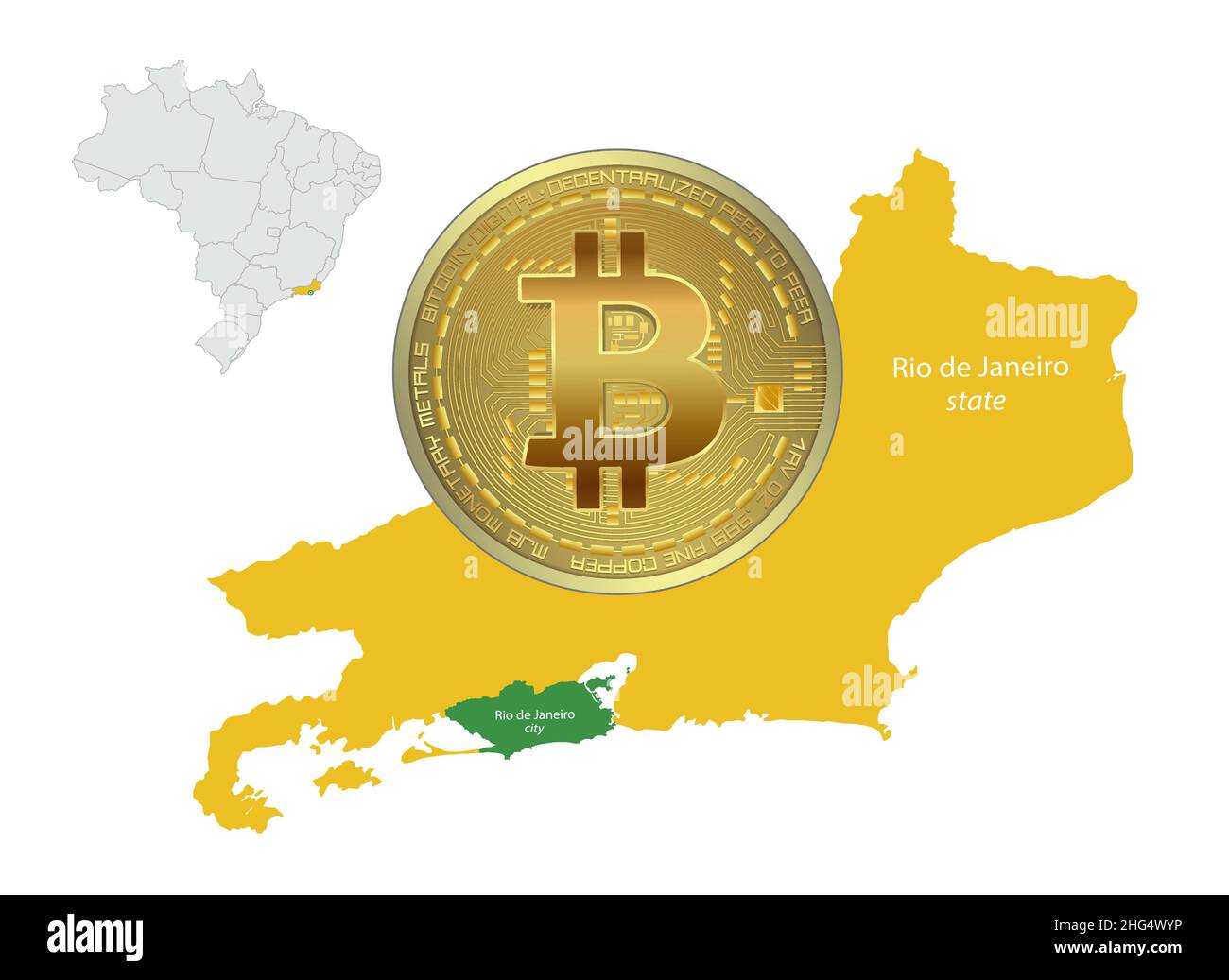 Rio de Janeiro map state and city with Bitcoin gold coin, Brazil with ...