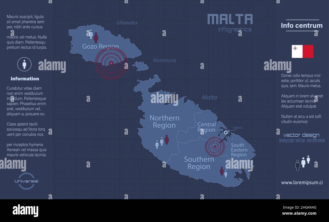 Malta regions map with names, infographics blue flat design vector ...