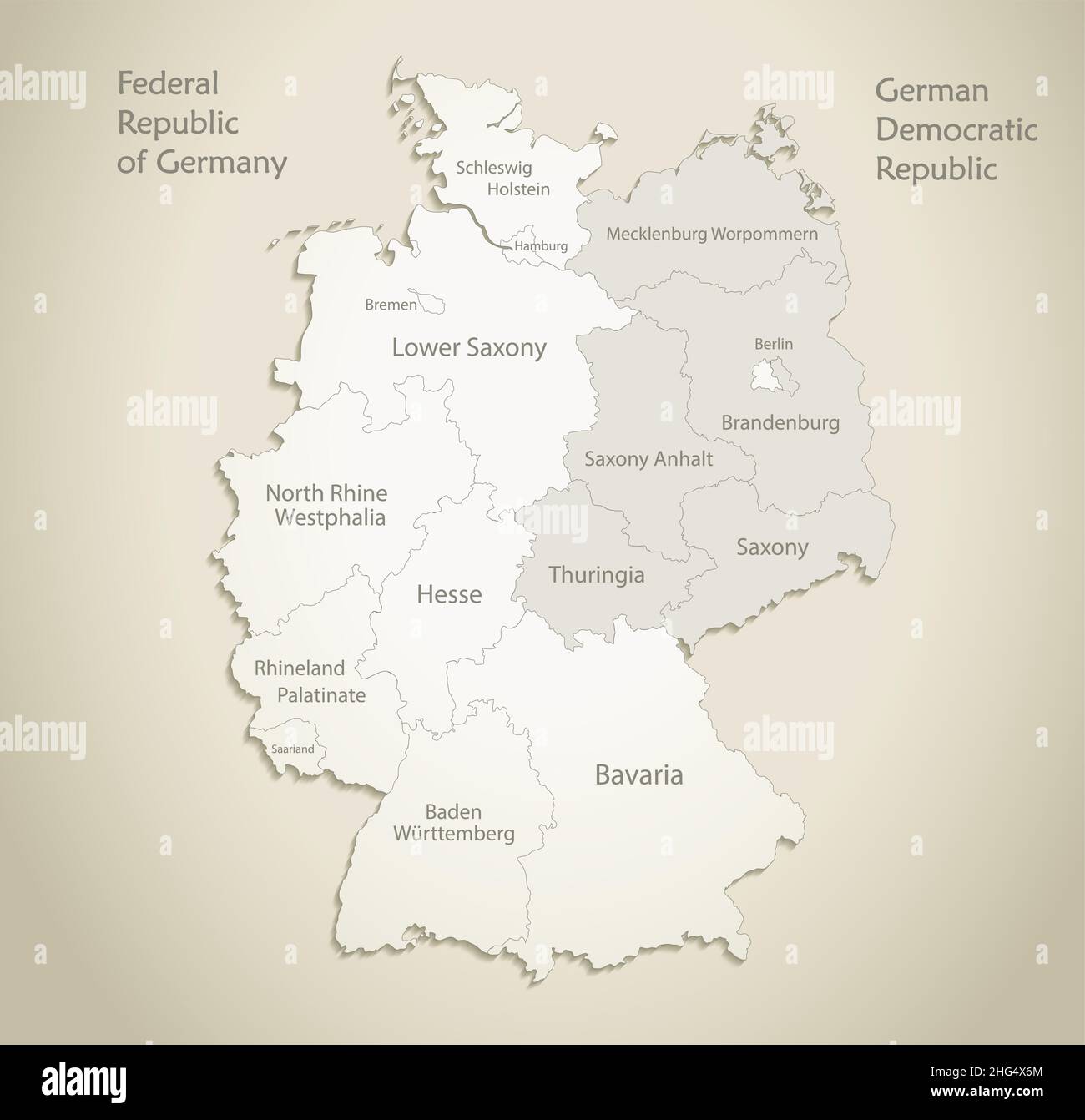 Germany map divided on West and East Germany with regions, and names ...