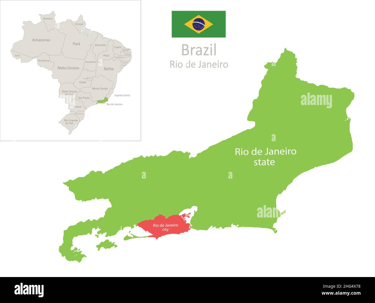 Rio de Janeiro map state and city, Brazil with regions states and flag ...