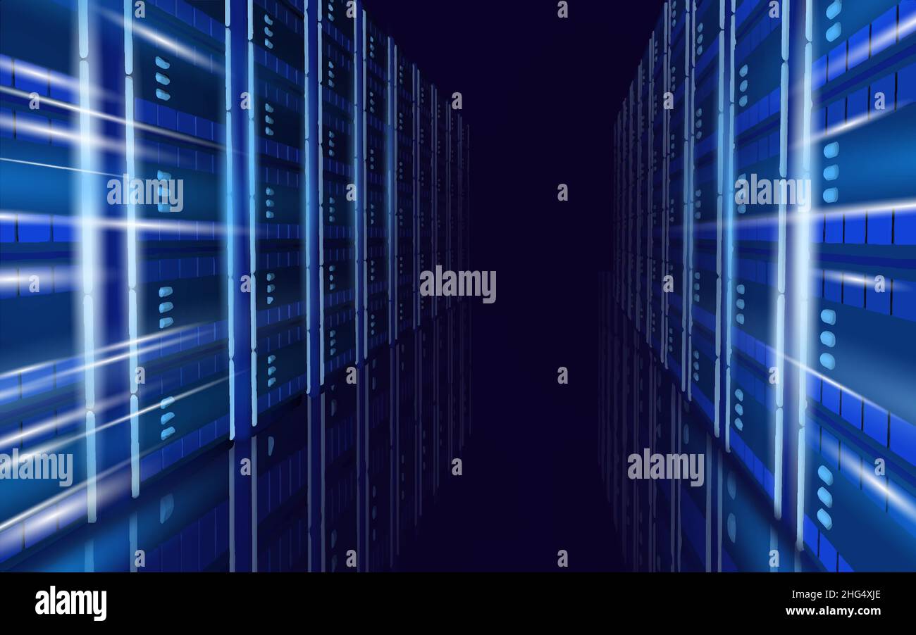 3D server room cloud computing business concept. AI data center ...