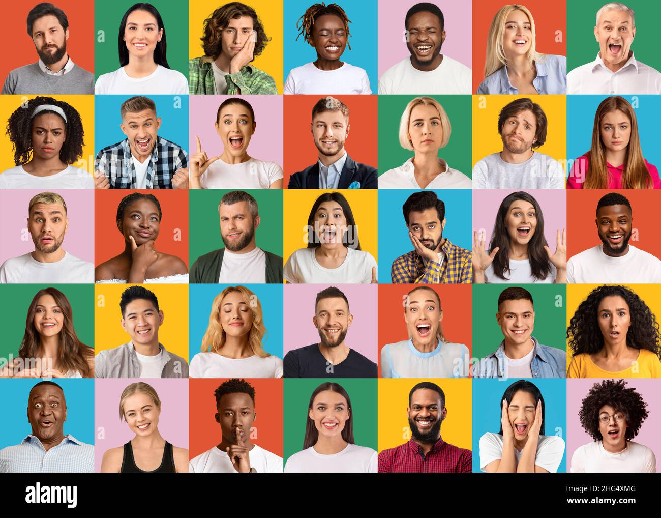 Collection of multiracial people portraits over bright colorful ...