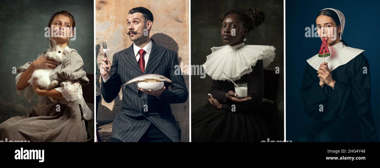 Set of young people in image of historical, medieval persons in vintage ...