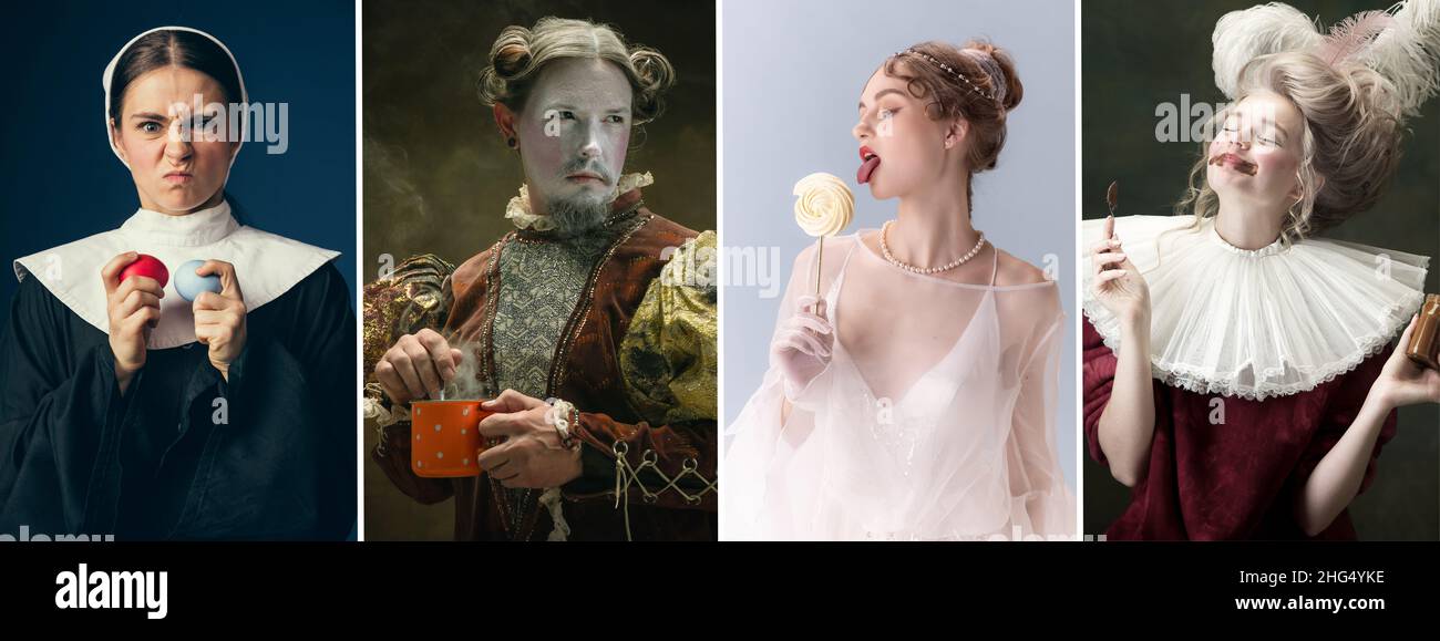 Set of young people in image of historical, medieval persons in vintage ...