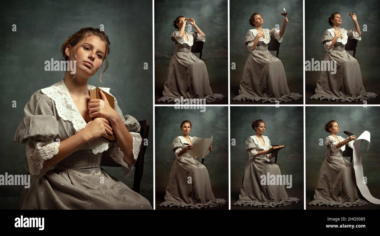 Set of vintage portraits of young beautiful girl in gray dress of ...