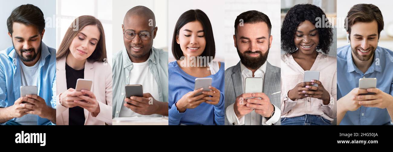 Collection of multiracial people using mobile phones photos, panorama ...