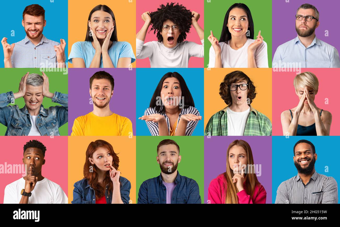 Various emotions collage. Set of multiracial people faces over color ...