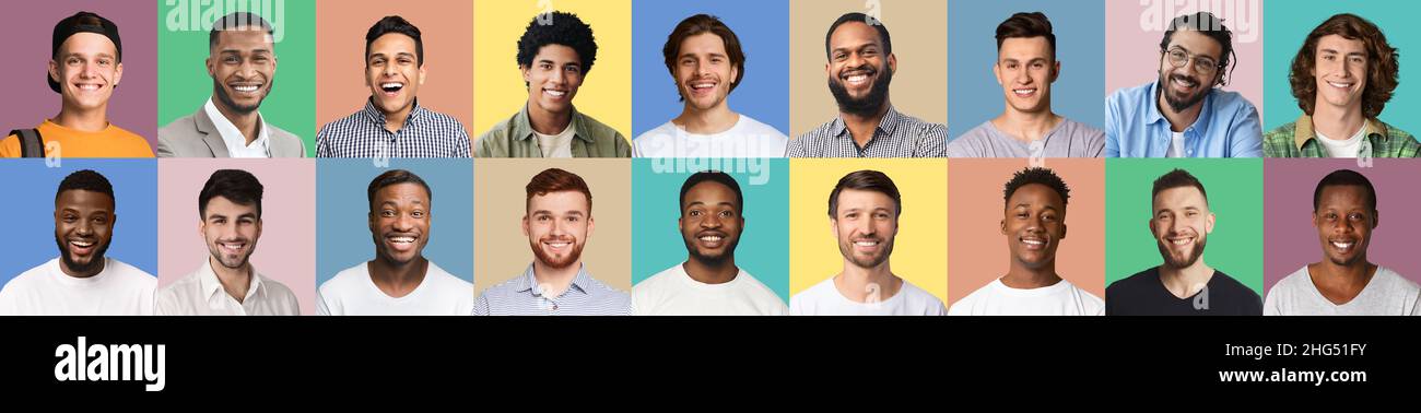 Collage of young men portraits, multiracial youngsters smiling to ...