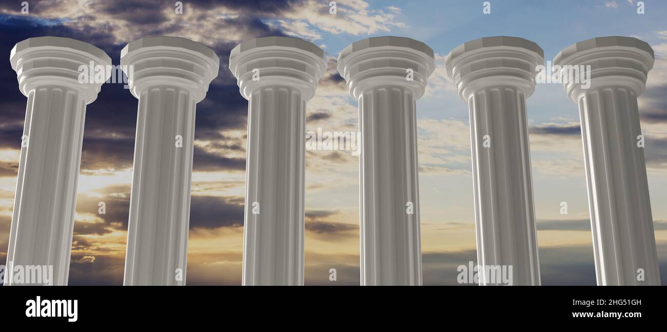 Column in a row, colonnade on sky at sunset background. Marble stone ...