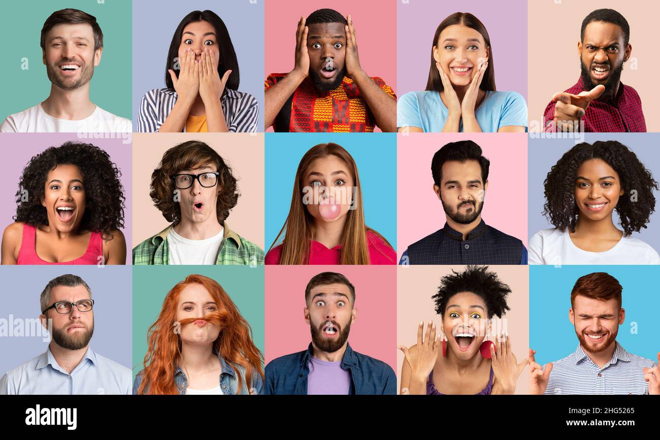 Collage of diverse men and women expressing different emotions Stock ...