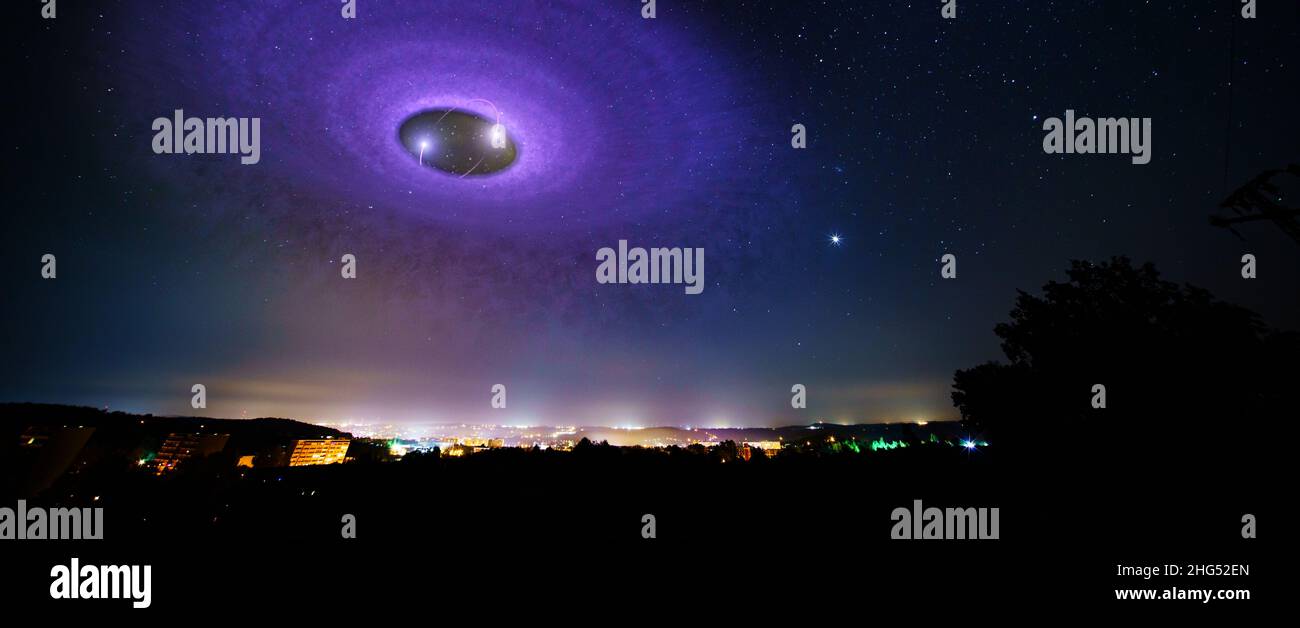 Fantastic night starry sky over the city with a view of a supernova ...