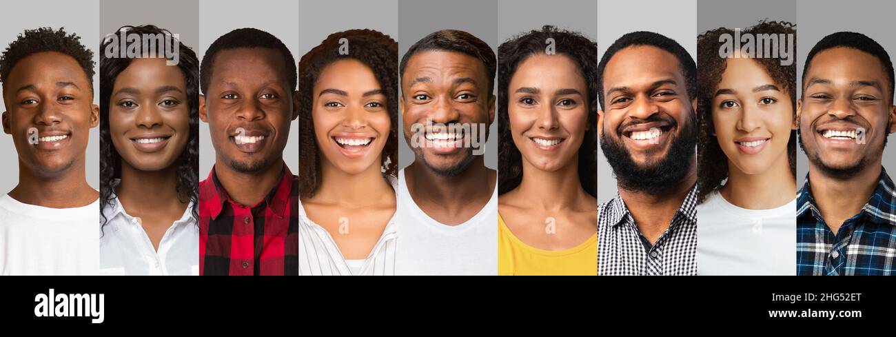 Happy faces of multiracial young people, collection of photos, panorama ...