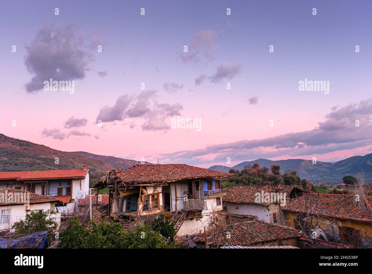 Landscape of a village in Odemis, Izmir. Copy space on sky with clouds ...