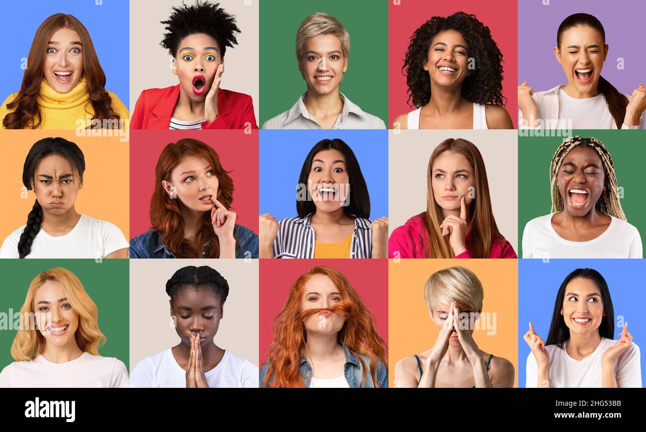 Collage of diverse women expressing different emotions Stock Photo - Alamy