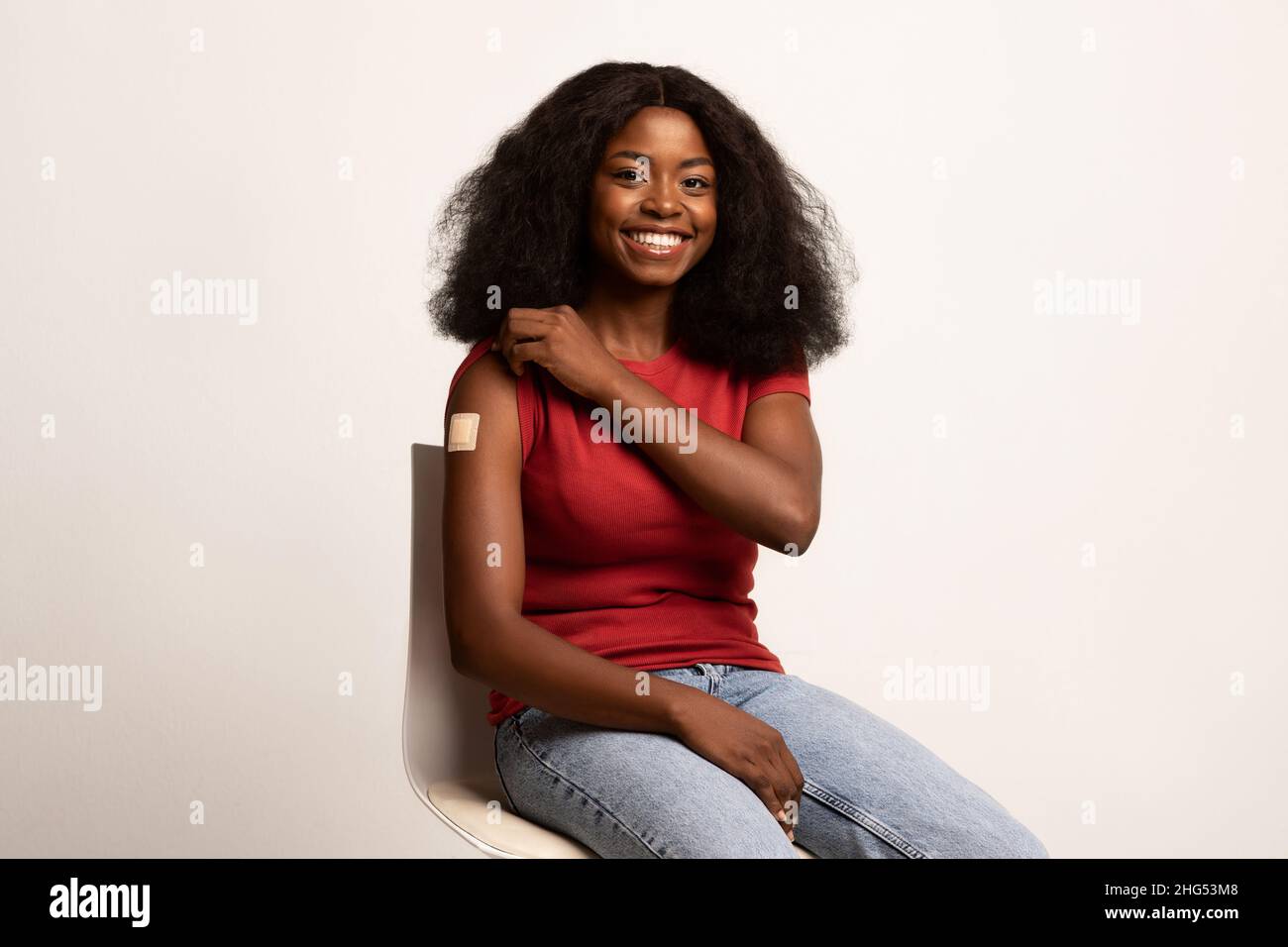 Vaccination Campaign. Joyful African American Lady Demonstrating Arm ...