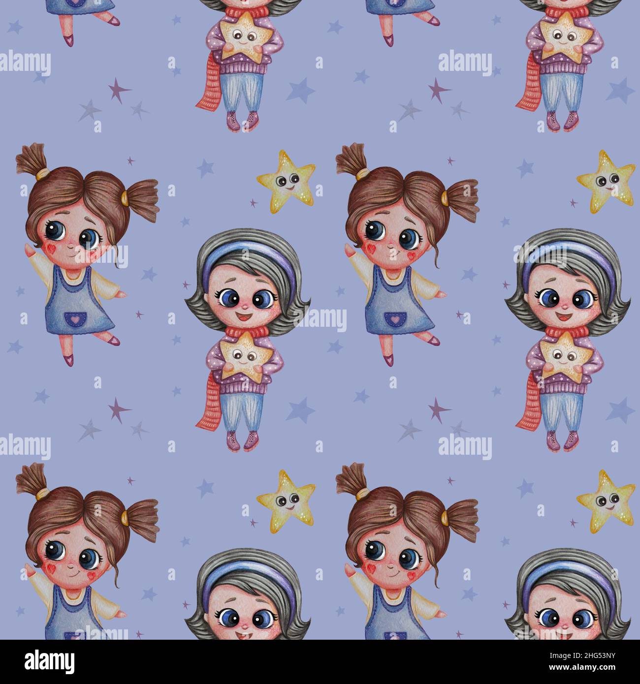 Seamless baby pattern. Cute happy girls are catching stars on light ...