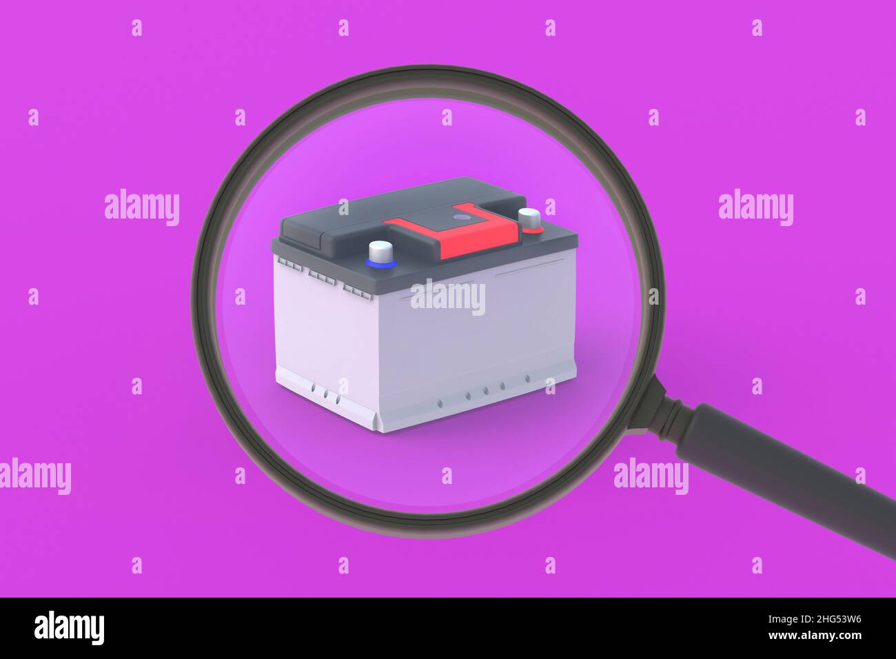 Car battery behind magnifying glass. Search auto accumulator. Research ...