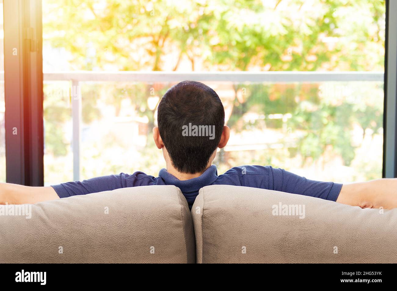 Rear view of a man relaxing sitting on a couch at home and looking ...